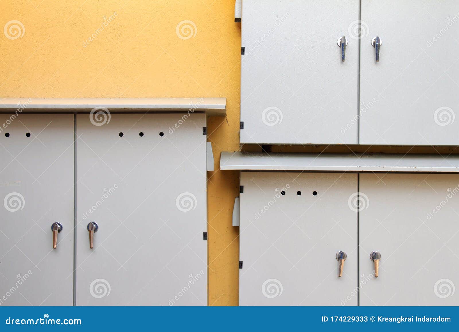 Electrical Distribution Control Boxes on Yellow Wall, Power Supply ...