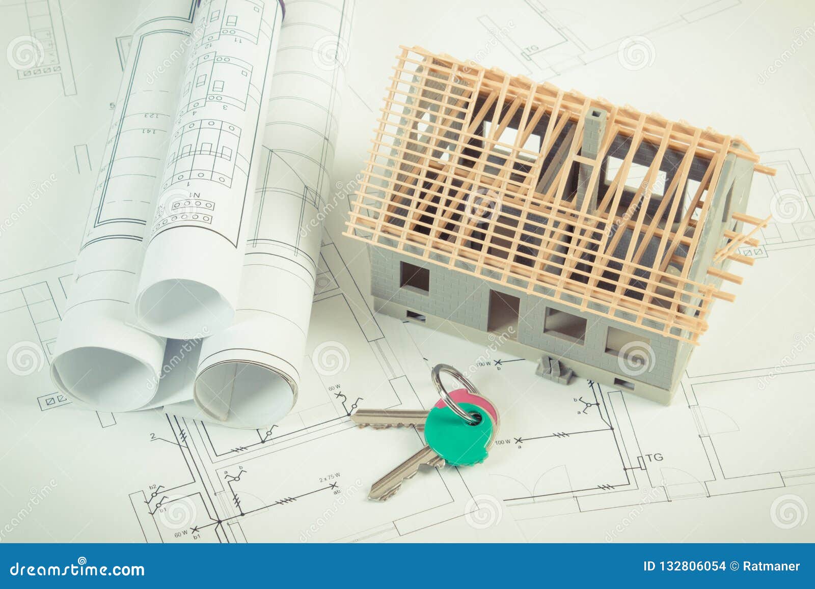 Electrical Drawings, Home Keys and Small House Under Construction Stock ...