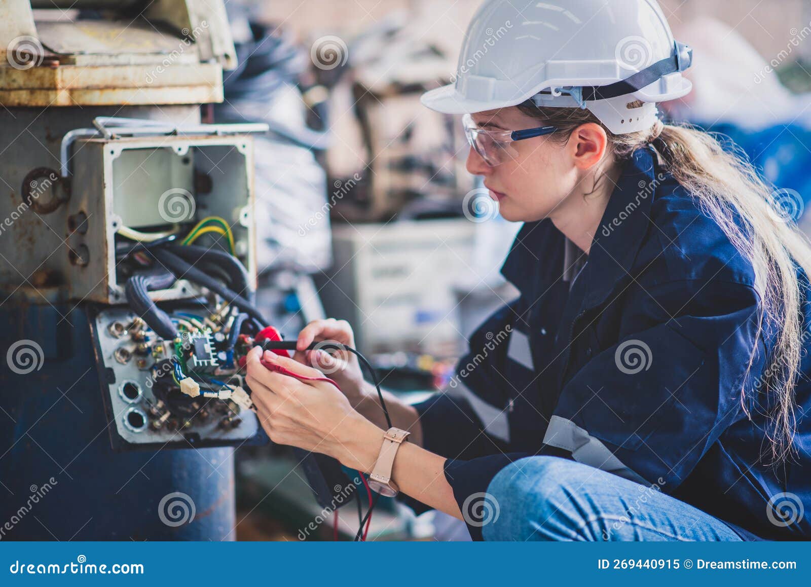 Electrical Engineer Work Tester Measuring Voltage and Current of Power ...