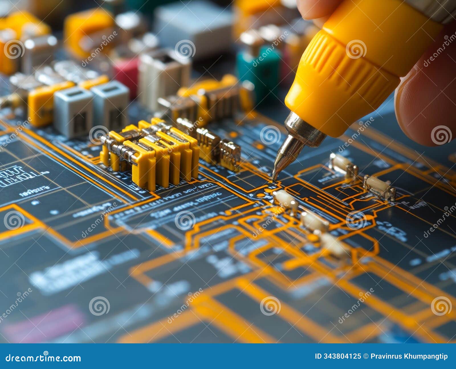 Electrical Engineer Drawing Electrical Circuits on Blueprints. Electronic Circuit Board Repair ...