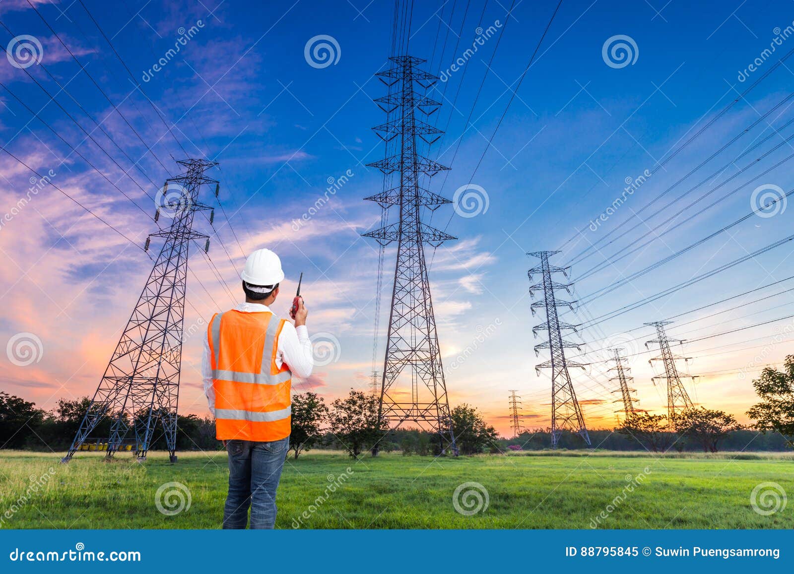 Electrical Engineer with High Voltage Electricity Pylon Stock Image ...