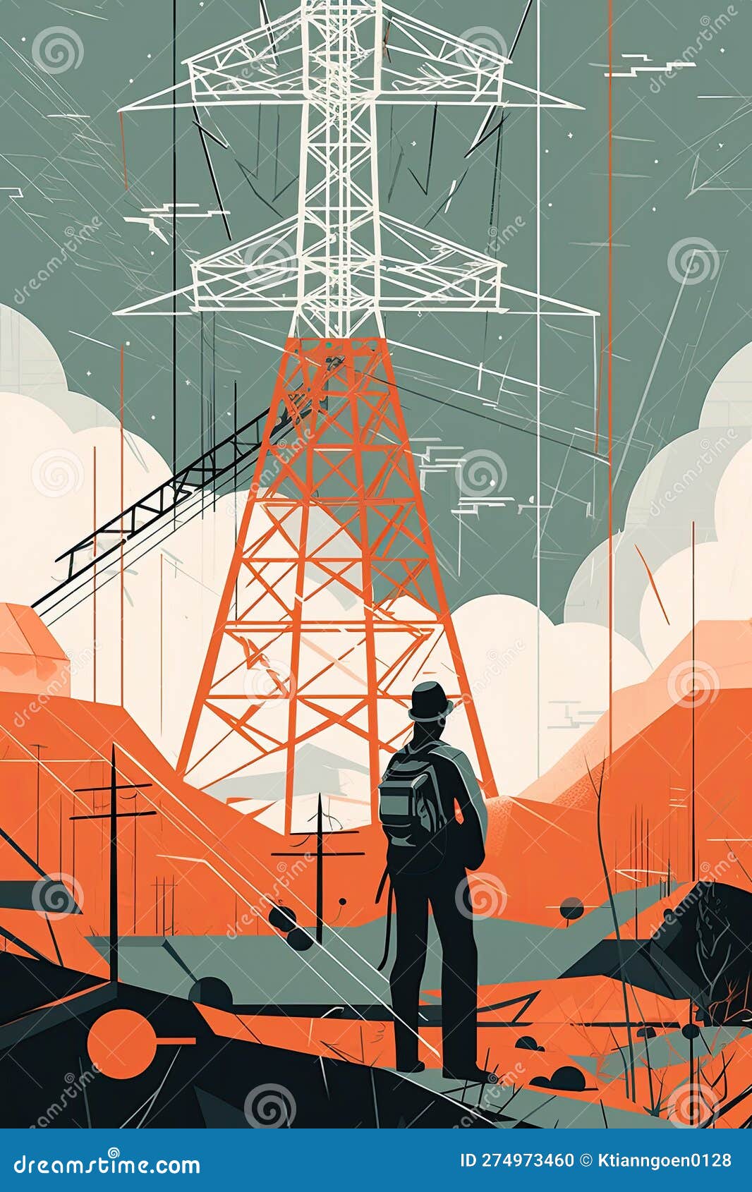 An Electrical Engineer Inspecting a Large Electrical Transmission Tower ...
