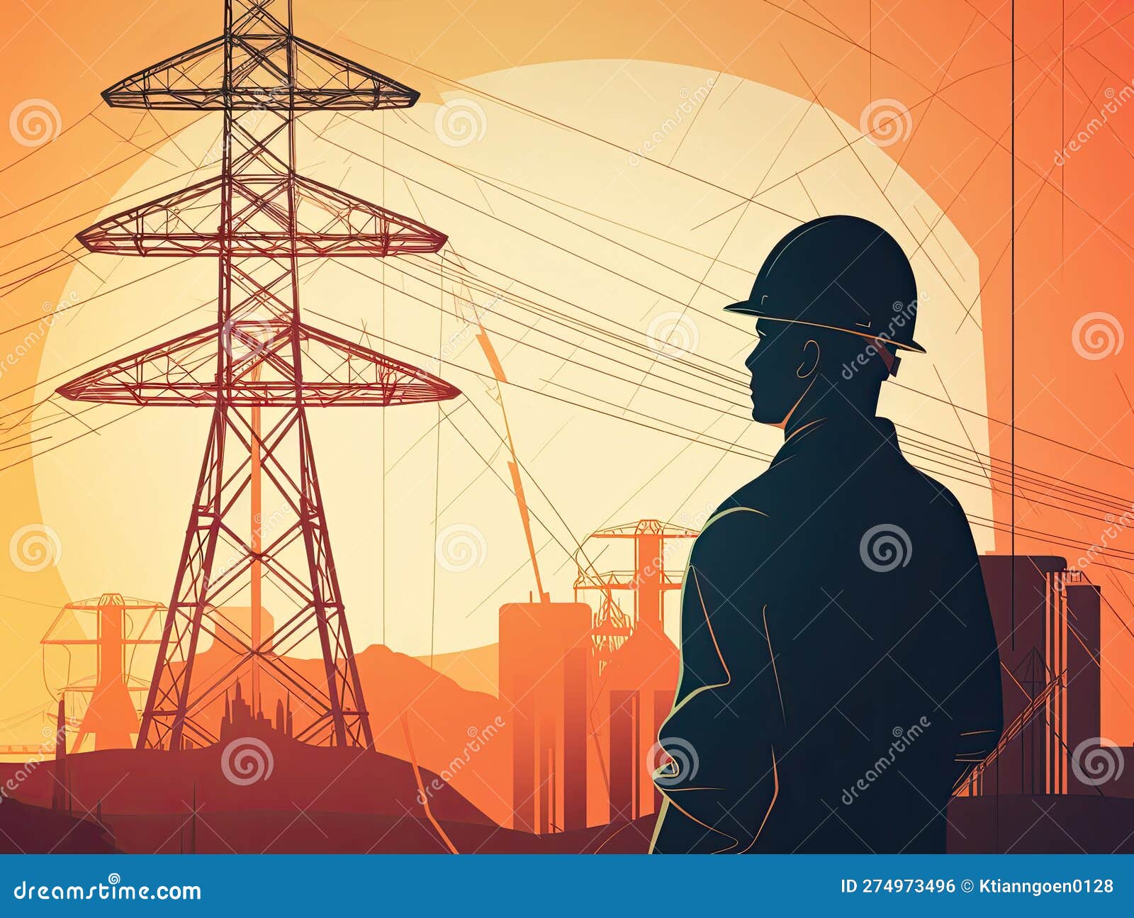 An Electrical Engineer Inspecting a Large Electrical Transmission Tower ...