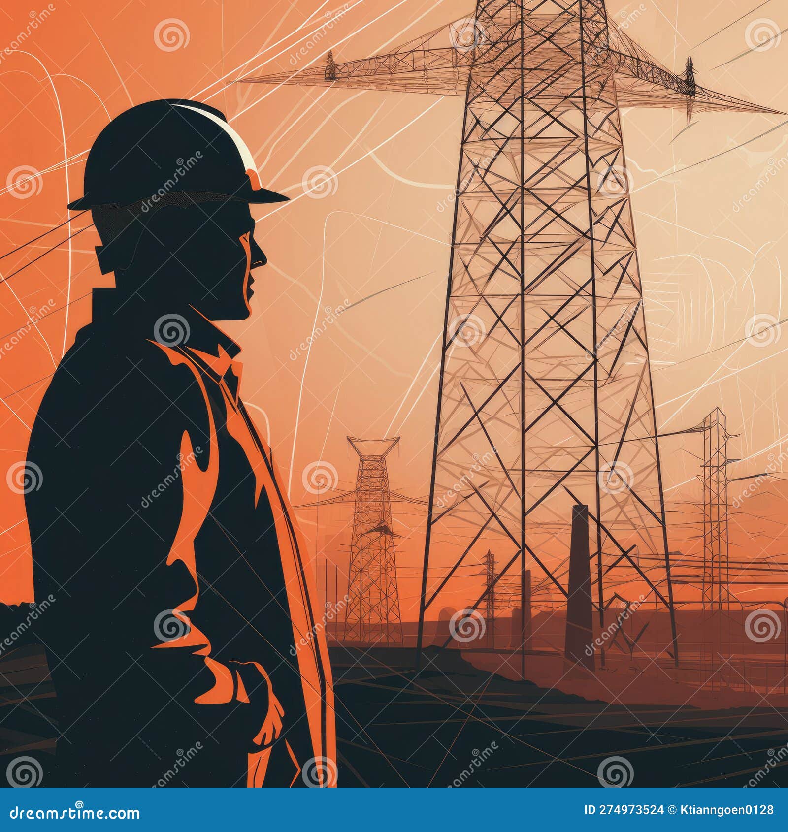 An Electrical Engineer Inspecting a Large Electrical Transmission Tower ...