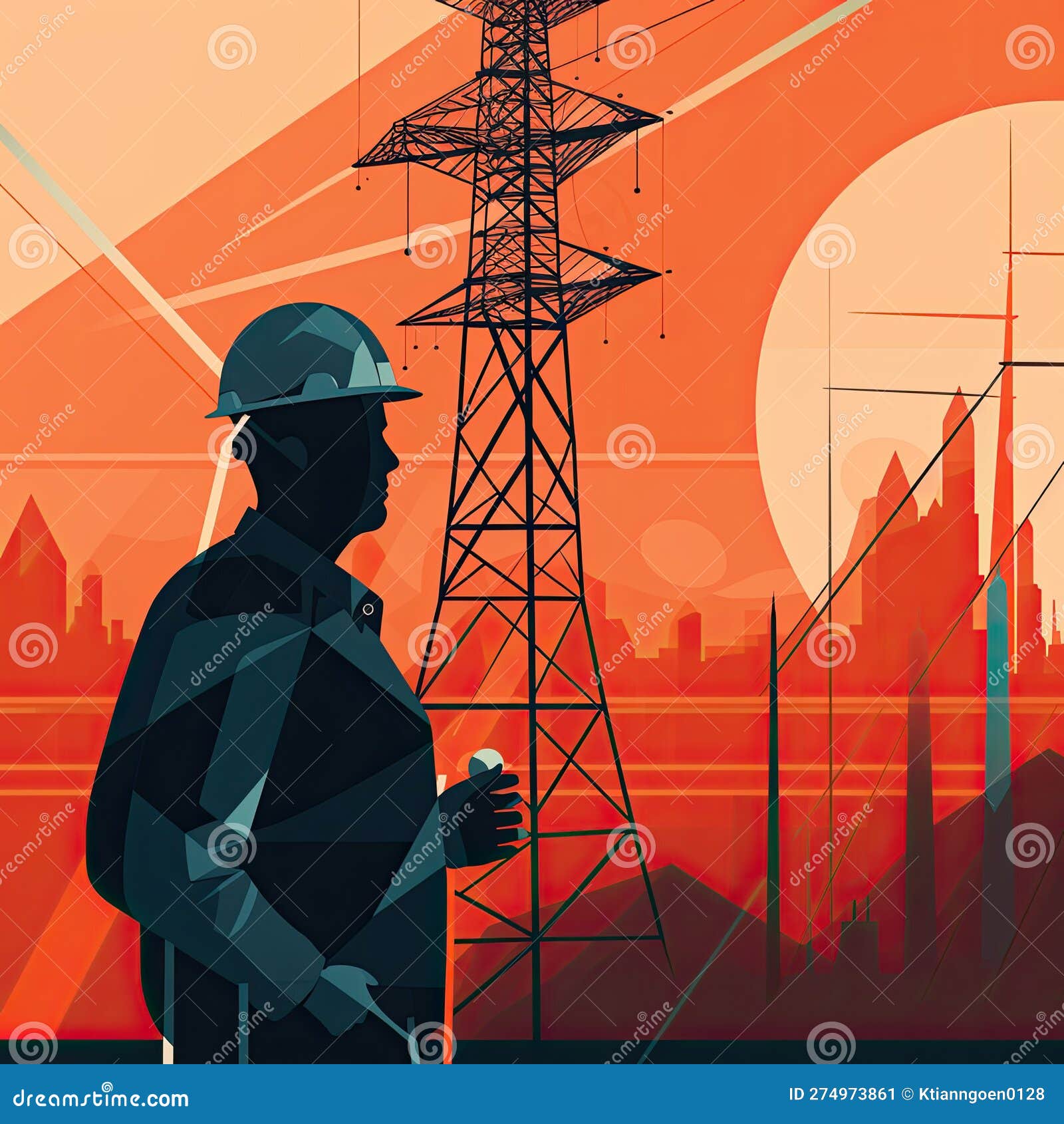 An Electrical Engineer Inspecting a Large Electrical Transmission Tower ...