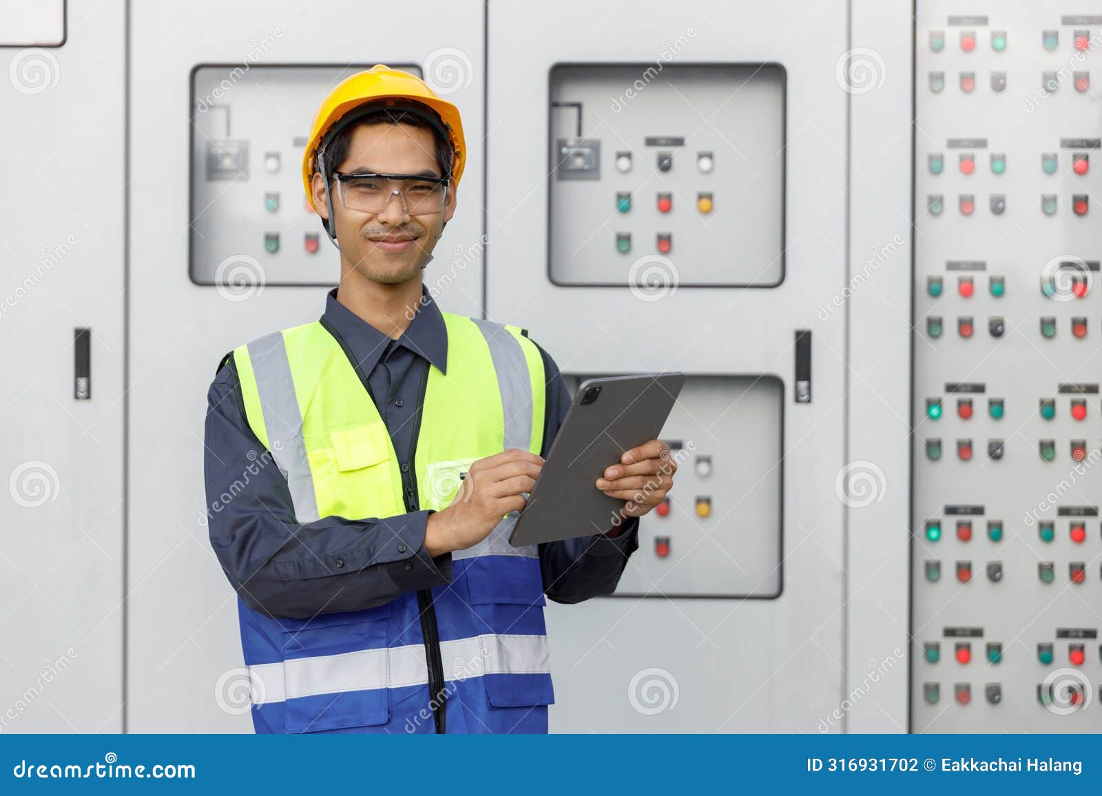 Electrical Engineer Man Using Tablet Checks Switchboard Main ...