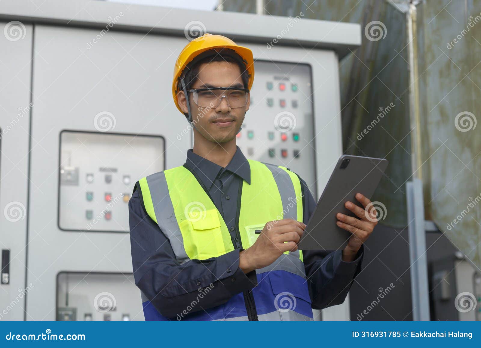 Electrical Engineer Man Using Tablet Checks Switchboard Main ...