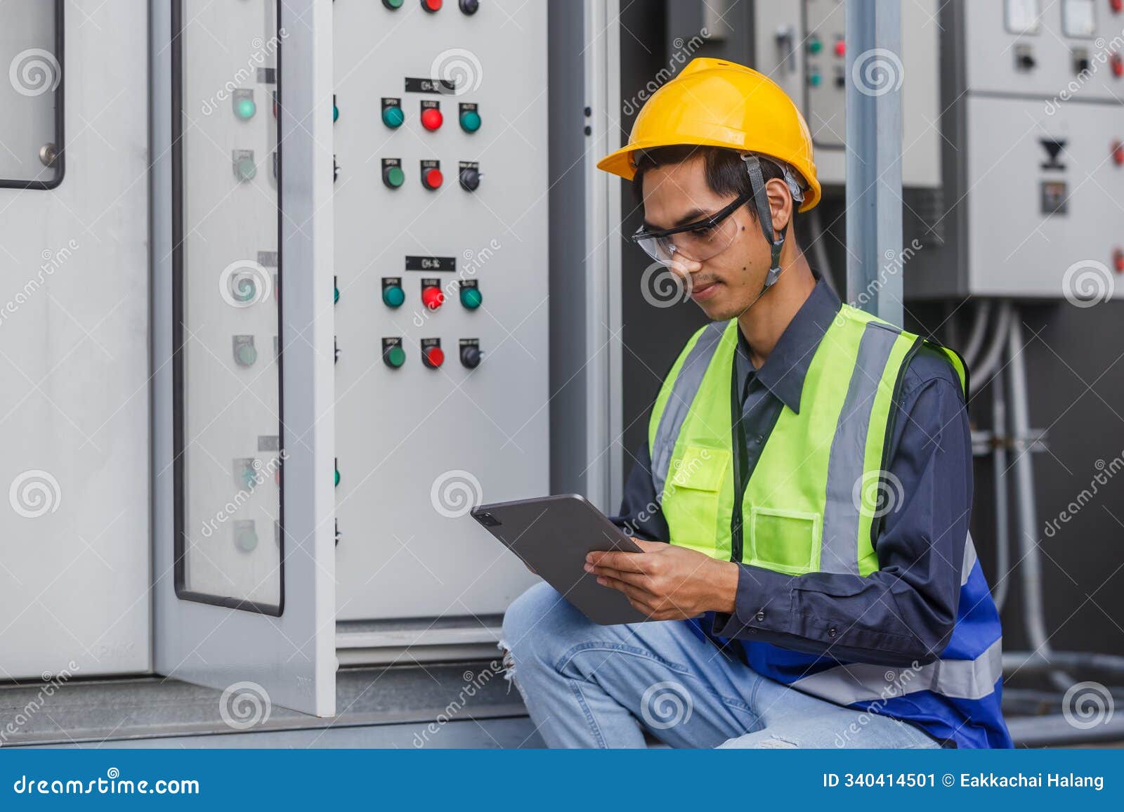 Electrical Engineer Man Using Tablet Checks Switchboard Main ...