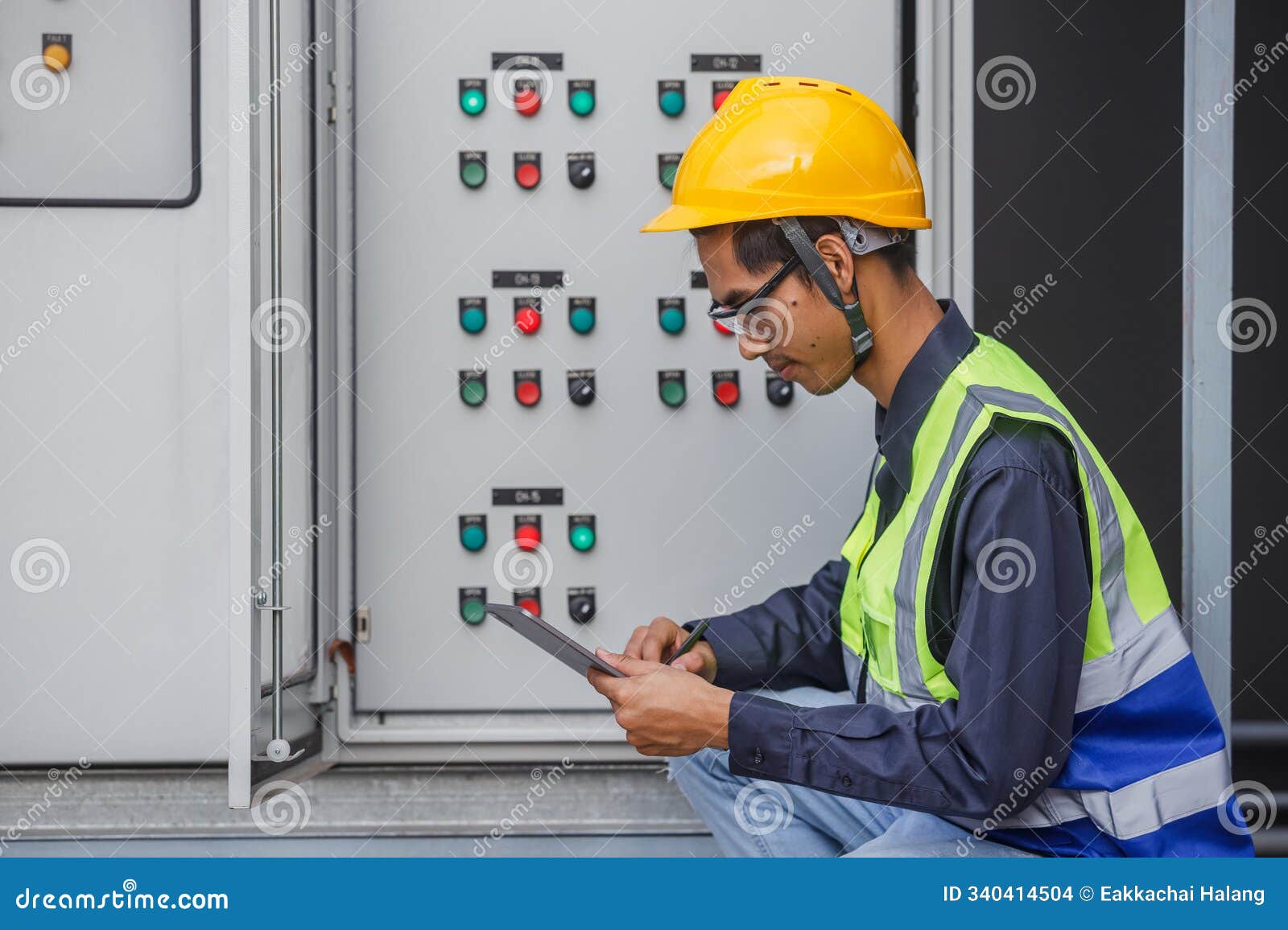 Electrical Engineer Man Using Tablet Checks Switchboard Main ...