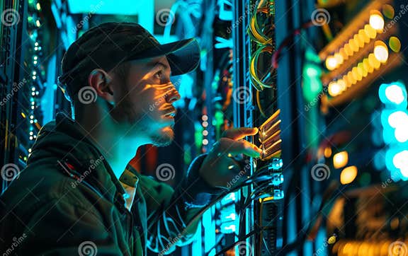 Electrical Engineer Meticulously Maintaining Server Room Hardware ...
