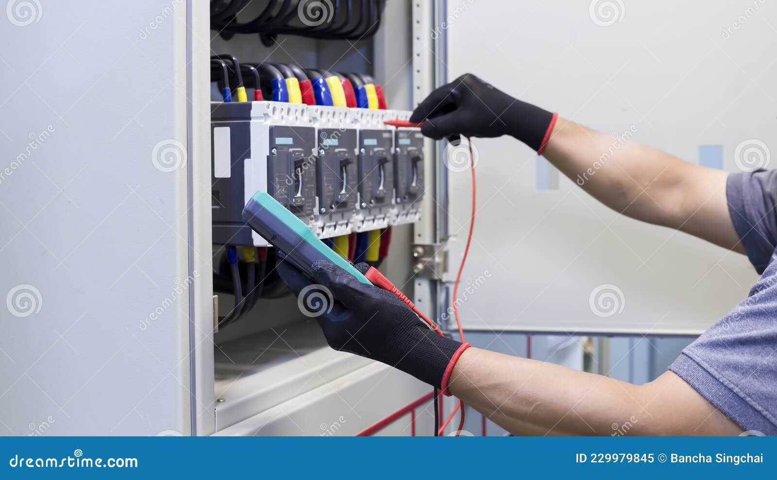 Engineer Tests Power High Voltage Three Phase Circuit Box With ...