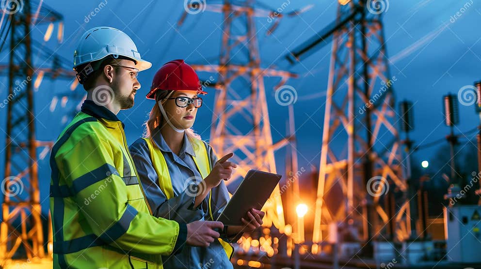 Electrical Engineer Using Notebook Computer To Plan Work Electrical Energy at High Voltage Power ...
