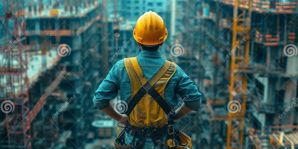 Electrical Engineer Working at Great Heights in a Bustling Construction Industry, Copy Space ...