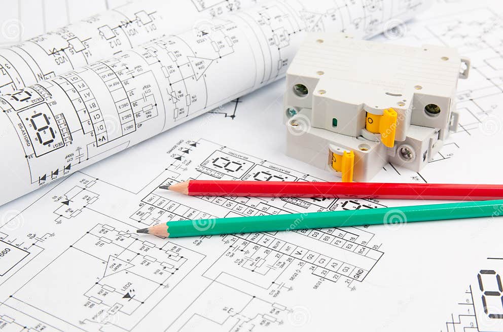 Electrical Engineering Drawings, Circuit Breaker and Pencils Stock ...