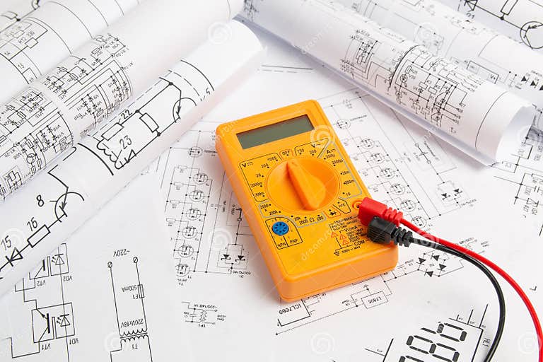 Electrical Engineering Drawings and Digital Multimeter Stock Image ...