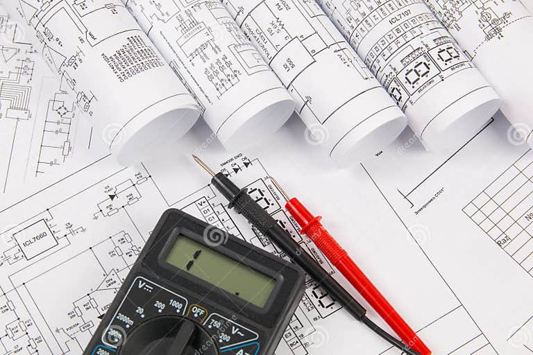 Electrical Engineering Drawings and Digital Multimeter Stock Image ...