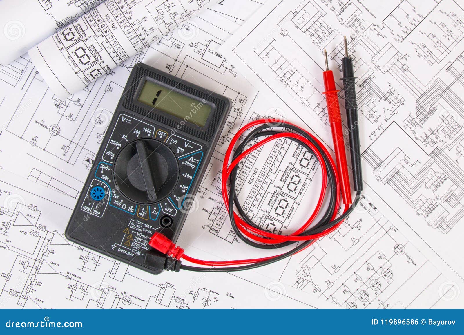 Electrical Engineering Drawings and Digital Multimeter. Stock Photo ...