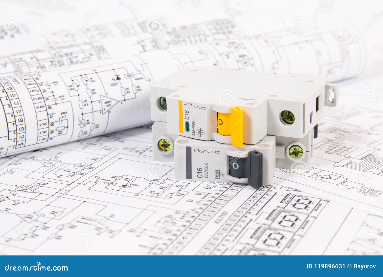 Electrical Engineering Drawings and Modular Circuit Breaker. Stock ...
