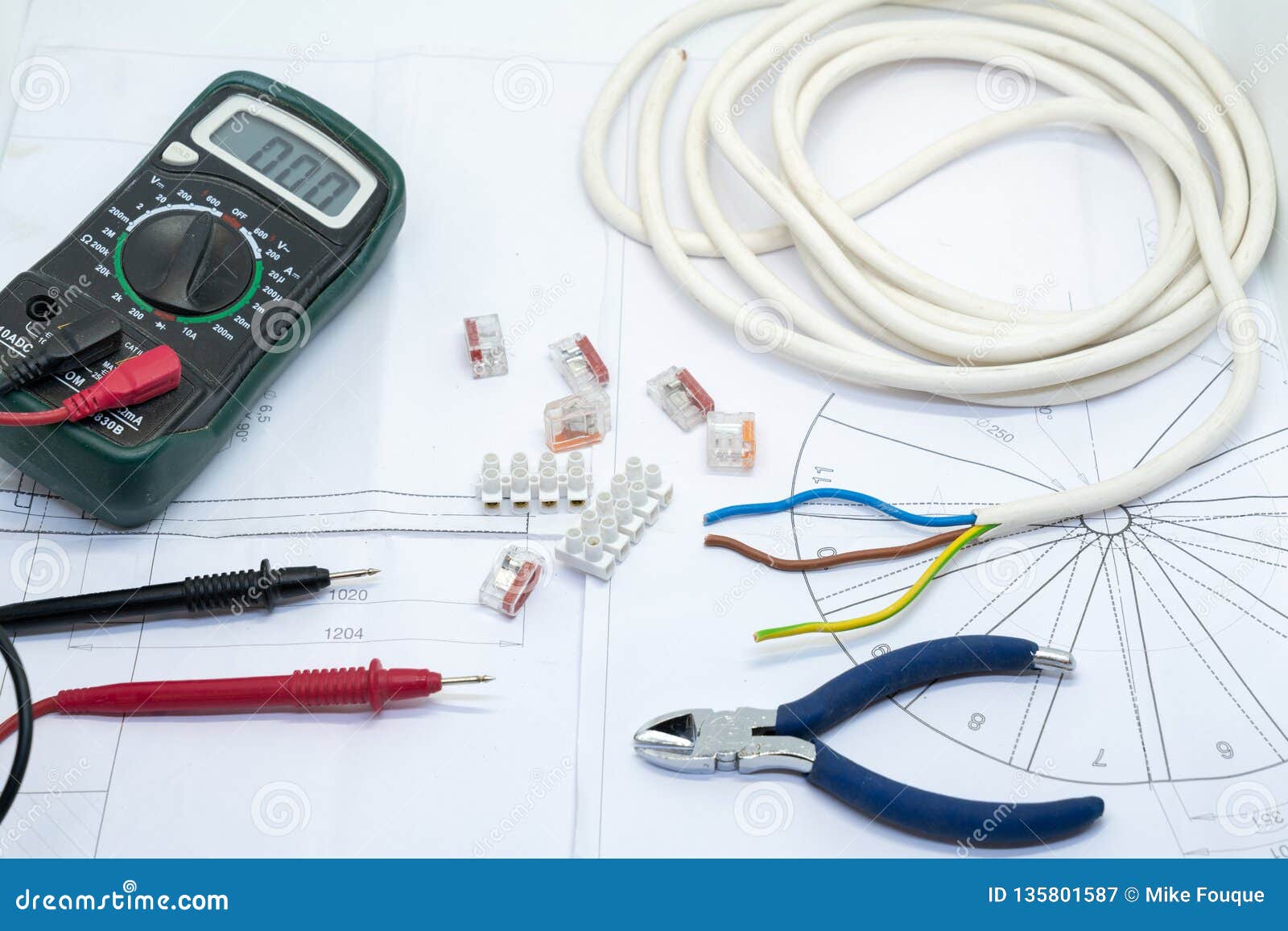 Electrical Tools and Supplies on Architect`s Plan Stock Image - Image ...