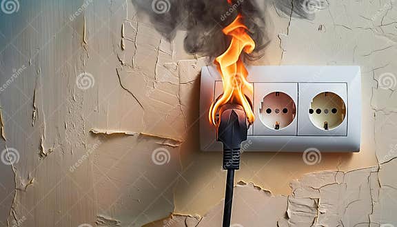 Electrical Fire Hazard: Burning Plug in Wall Socket Stock Illustration ...