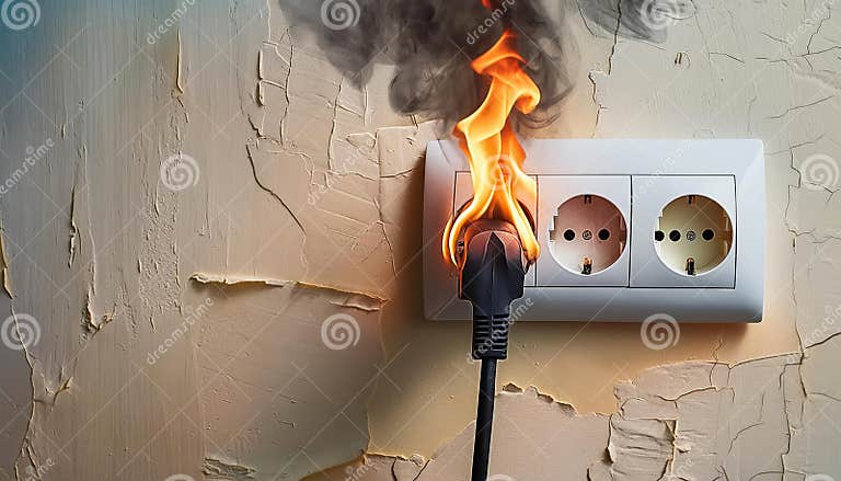 Electrical Fire Hazard: Burning Plug in Wall Socket Stock Illustration ...