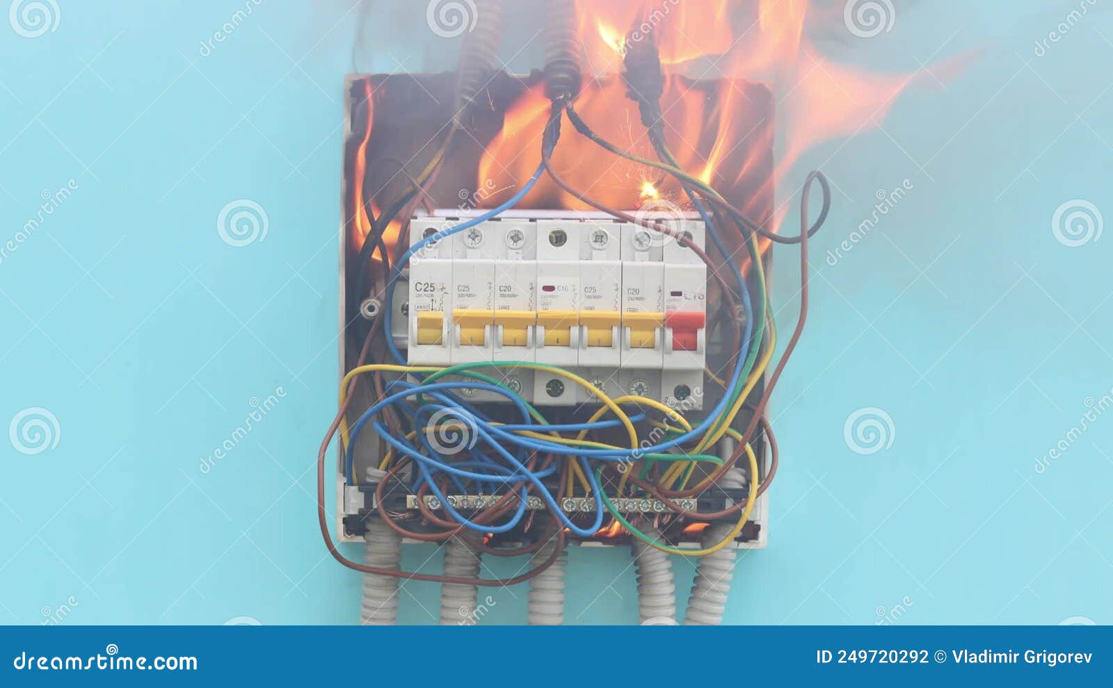 Electrical Fire after Short Circuit in Faulty Electrical Wiring. Stock ...