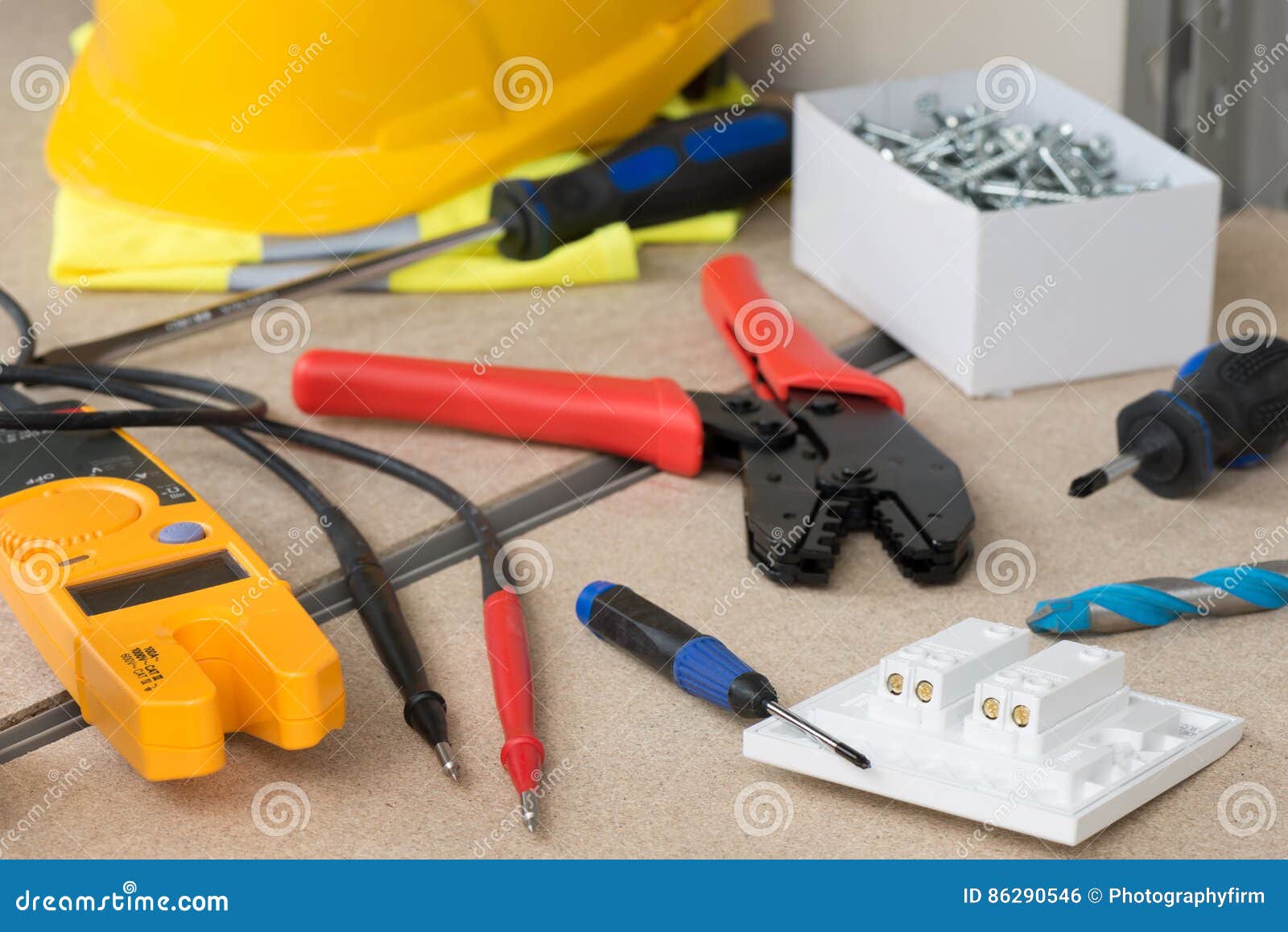 Electrical Gear and Safety Equipment on Cork Shelf Stock Photo - Image ...