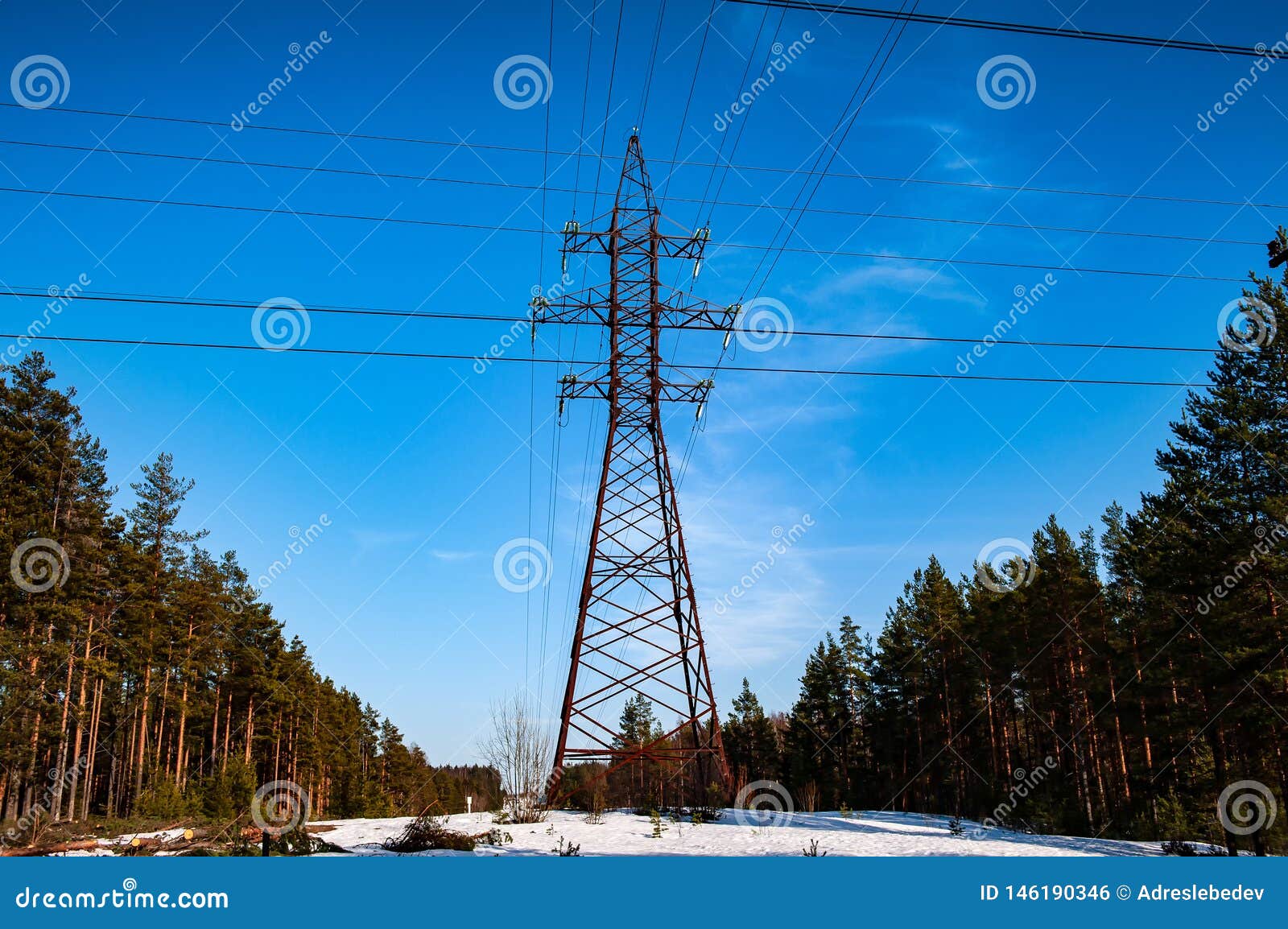 Electrical High Voltage Power Line in the Forest Lsndscape Stock Photo ...