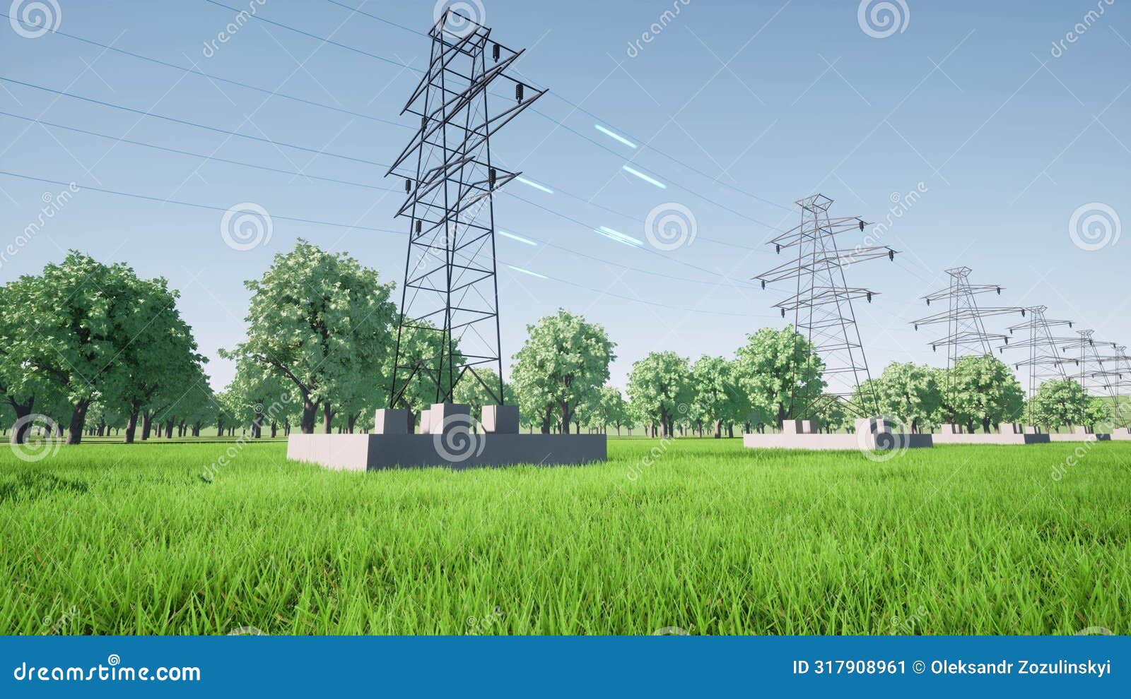 Electrical Impulse Moves through Wires Power Transmission Towers 3d ...