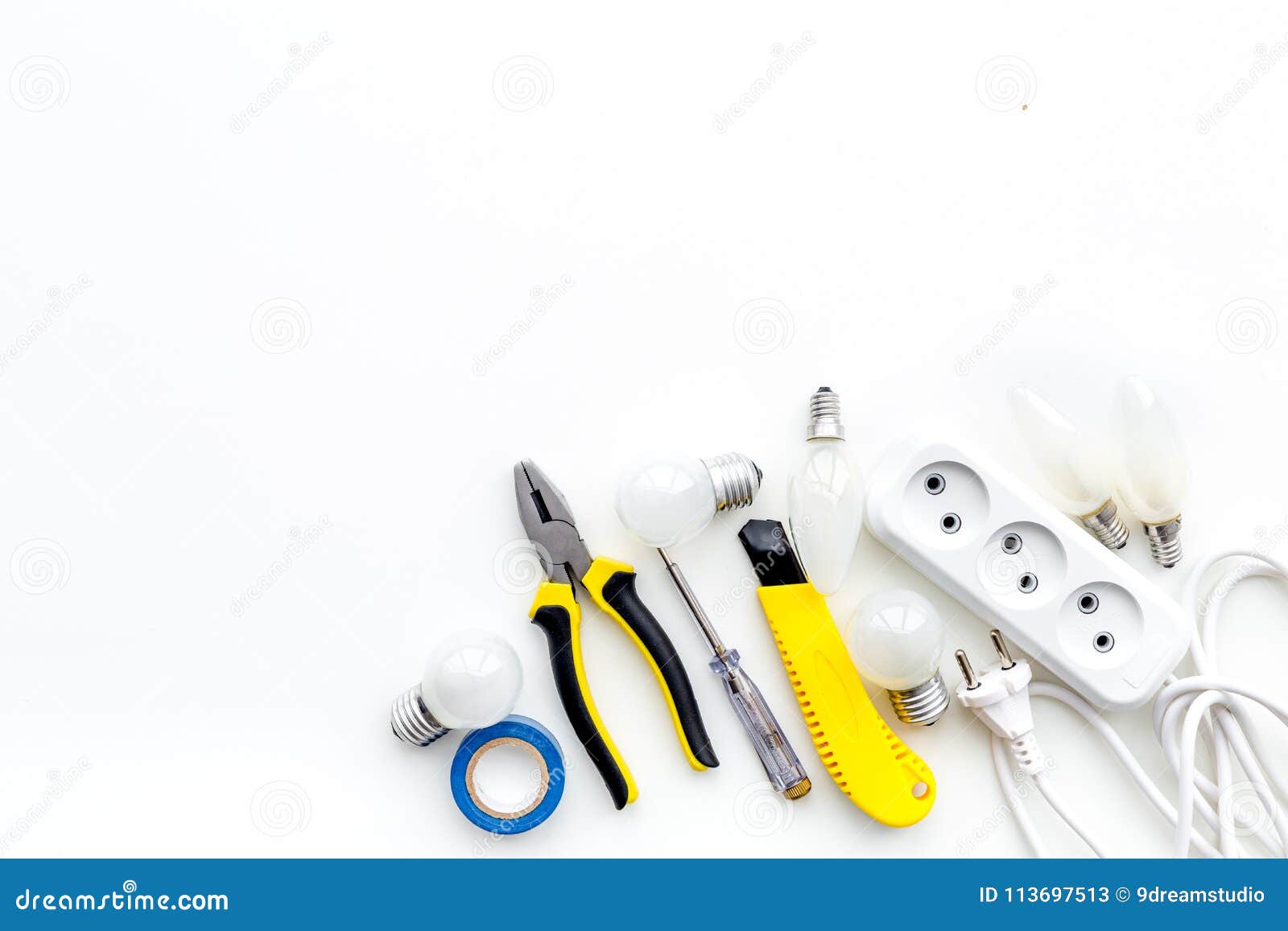 Electrical Installation, Wiring Works. Tools and Socket Outlet on White ...