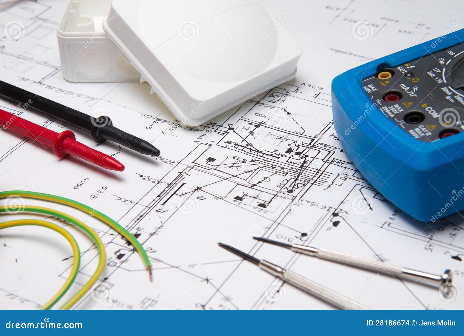 Electrical Instruments Laying on Blueprint Stock Photo - Image of ...