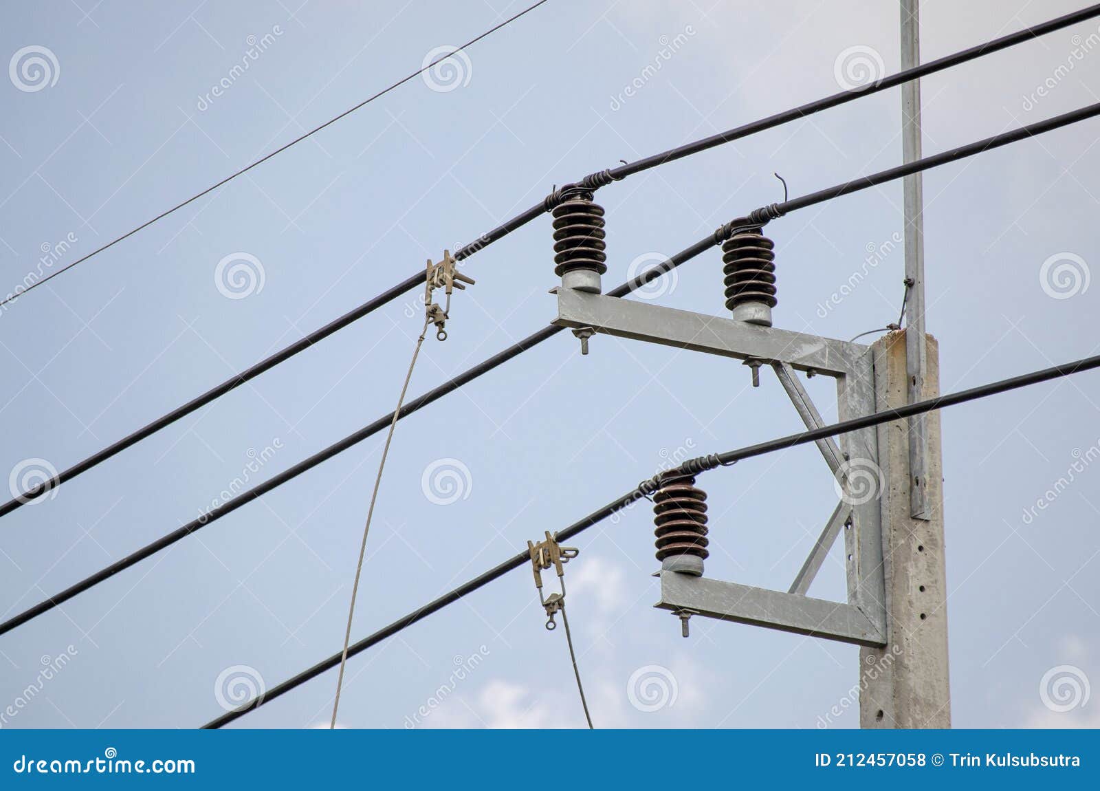 HV Insulators And Cable Installation On Concrete Electrical Pole Top ...