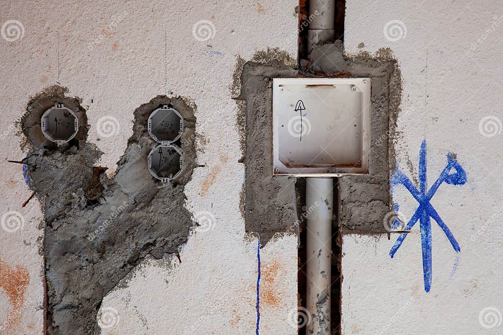 Electrical Junction Box Mounted on a Construction Site Wall. Stock ...