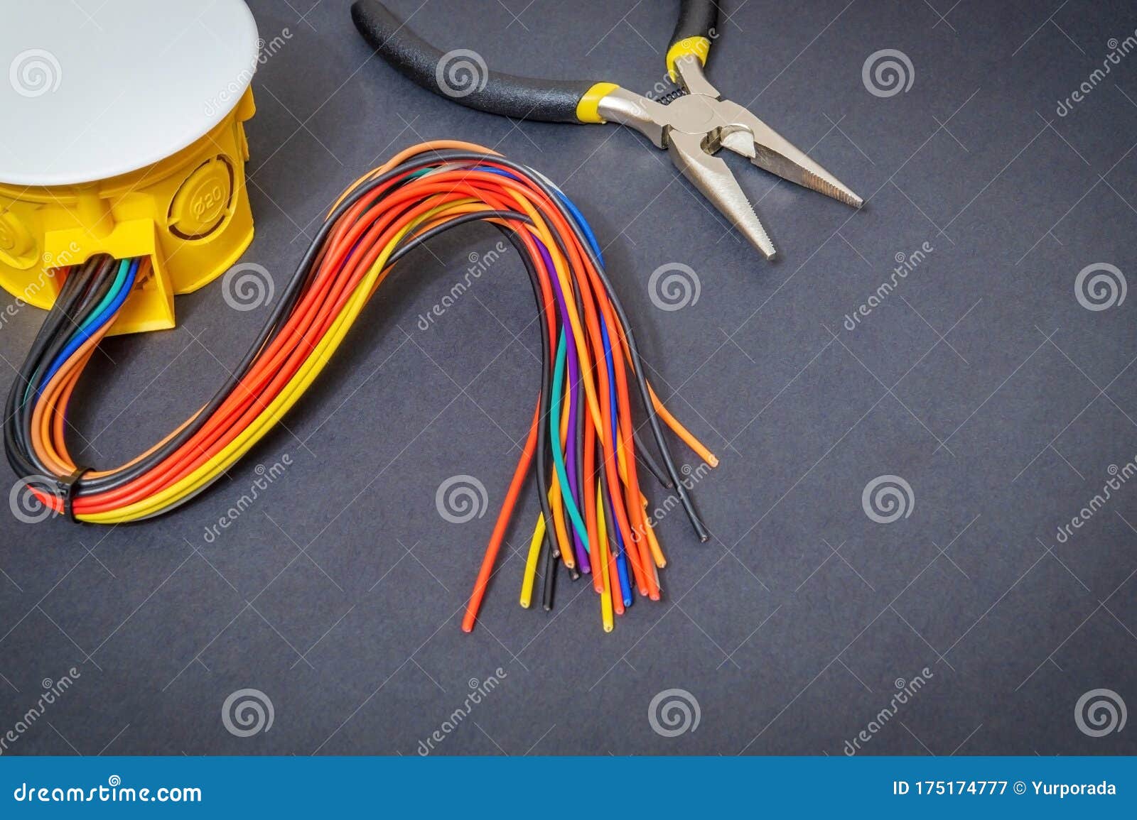 Electrical Junction Box with Wires and Tool on Black Background Usually ...