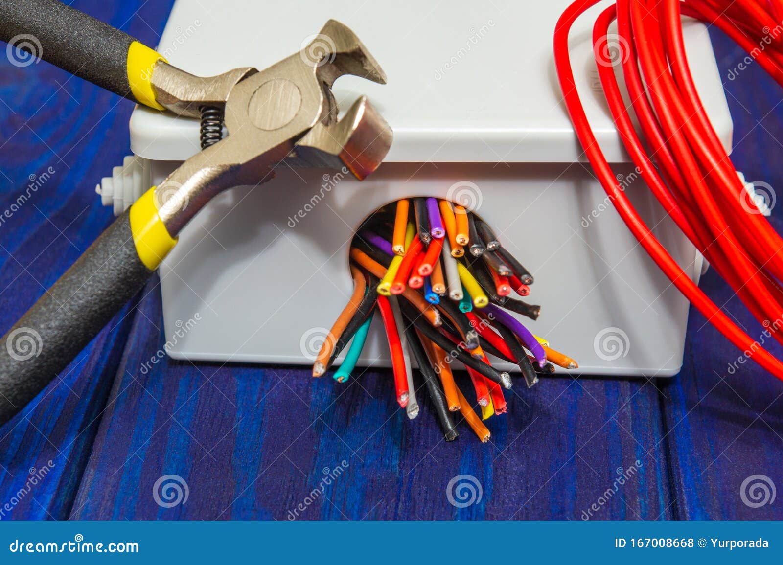 Electrical Junction Boxes with Cable Wires and Tool Usually Used in the ...