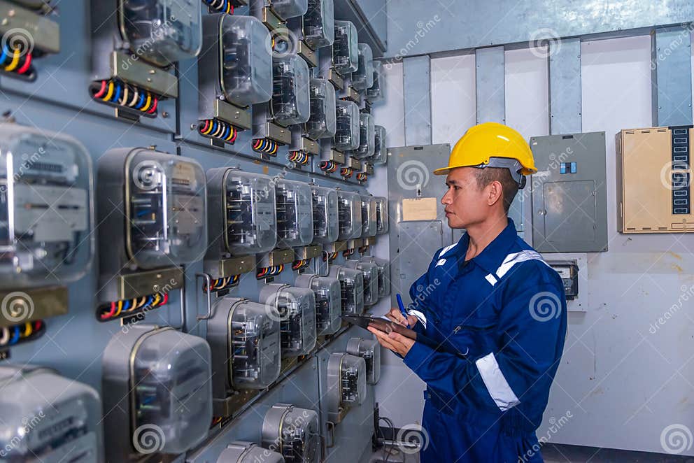 Electrical Maintenance Engineer is Checking .Electricity Meter, Main ...