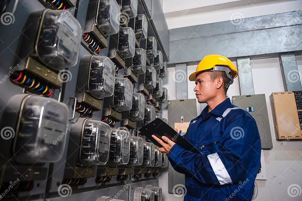 Electrical Maintenance Engineer is Checking .Electricity Meter, Main ...