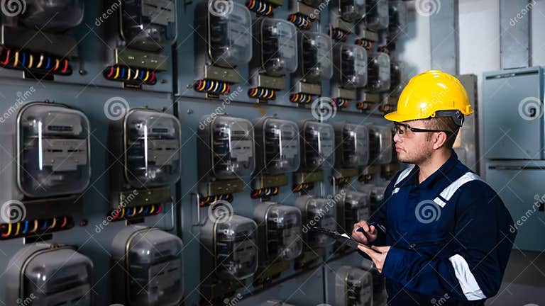 Electrical Maintenance Engineer is Checking .Electricity Meter, Main ...