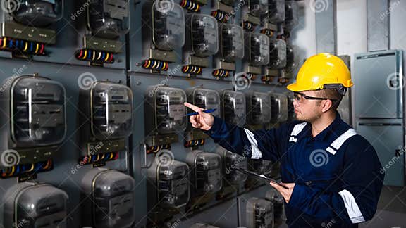 Electrical Maintenance Engineer is Checking .Electricity Meter, Main ...