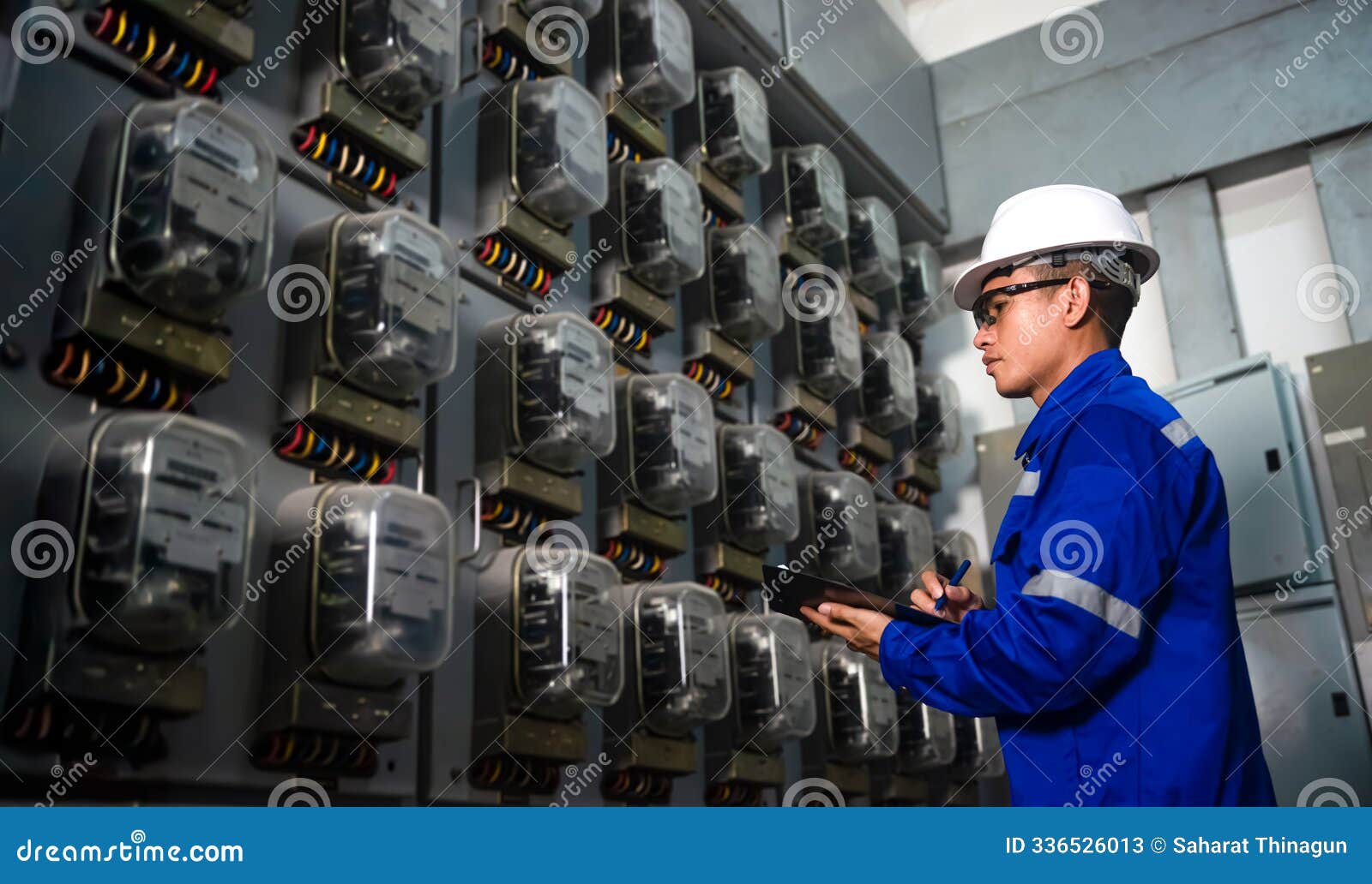 Electrical Maintenance Engineer is Checking .Electricity Meter, Main ...