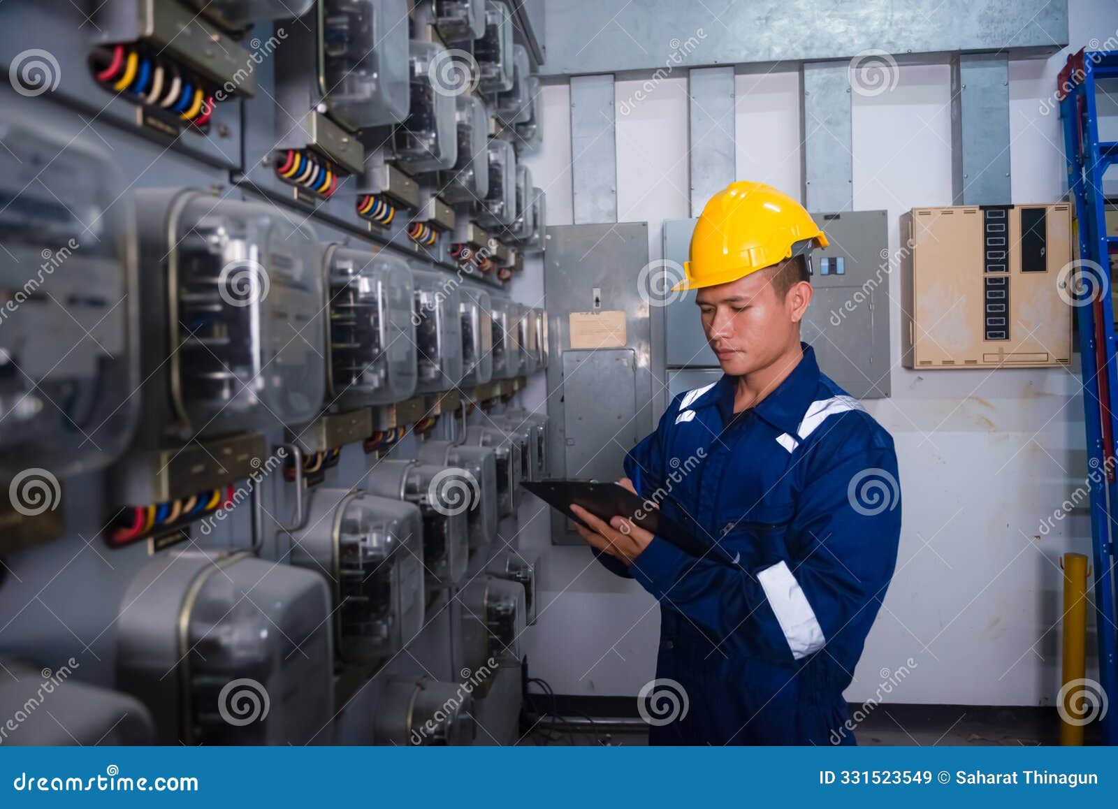 Electrical Maintenance Engineer is Checking .Electricity Meter, Main ...