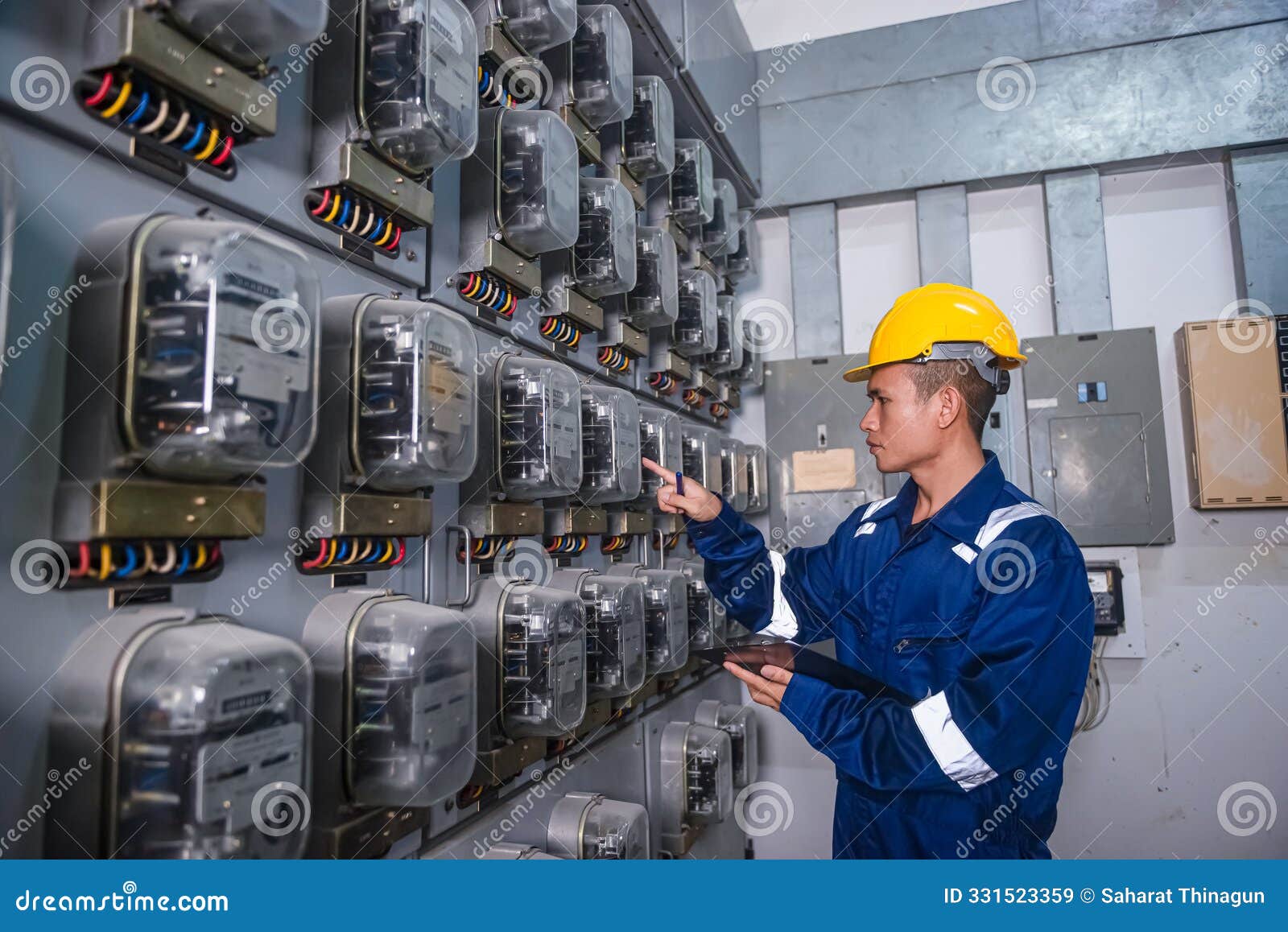 Electrical Maintenance Engineer is Checking .Electricity Meter, Main ...