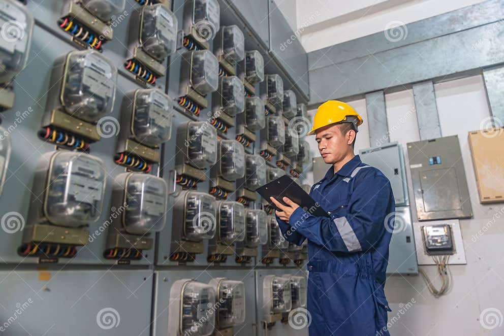 Electrical Maintenance Engineer is Checking .Electricity Meter, Main ...