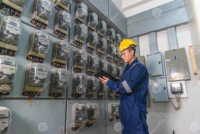 Electrical Maintenance Engineer is Checking .Electricity Meter, Main ...
