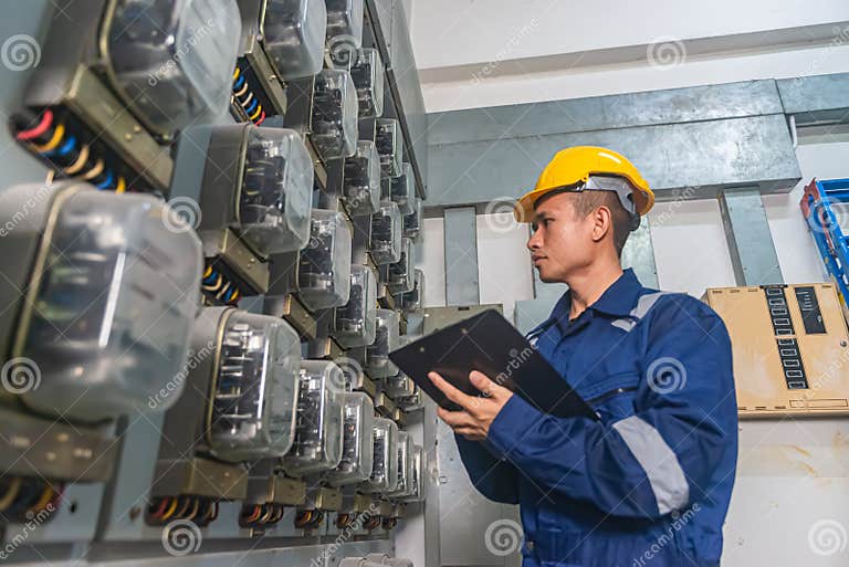 Electrical Maintenance Engineer is Checking .Electricity Meter, Main ...