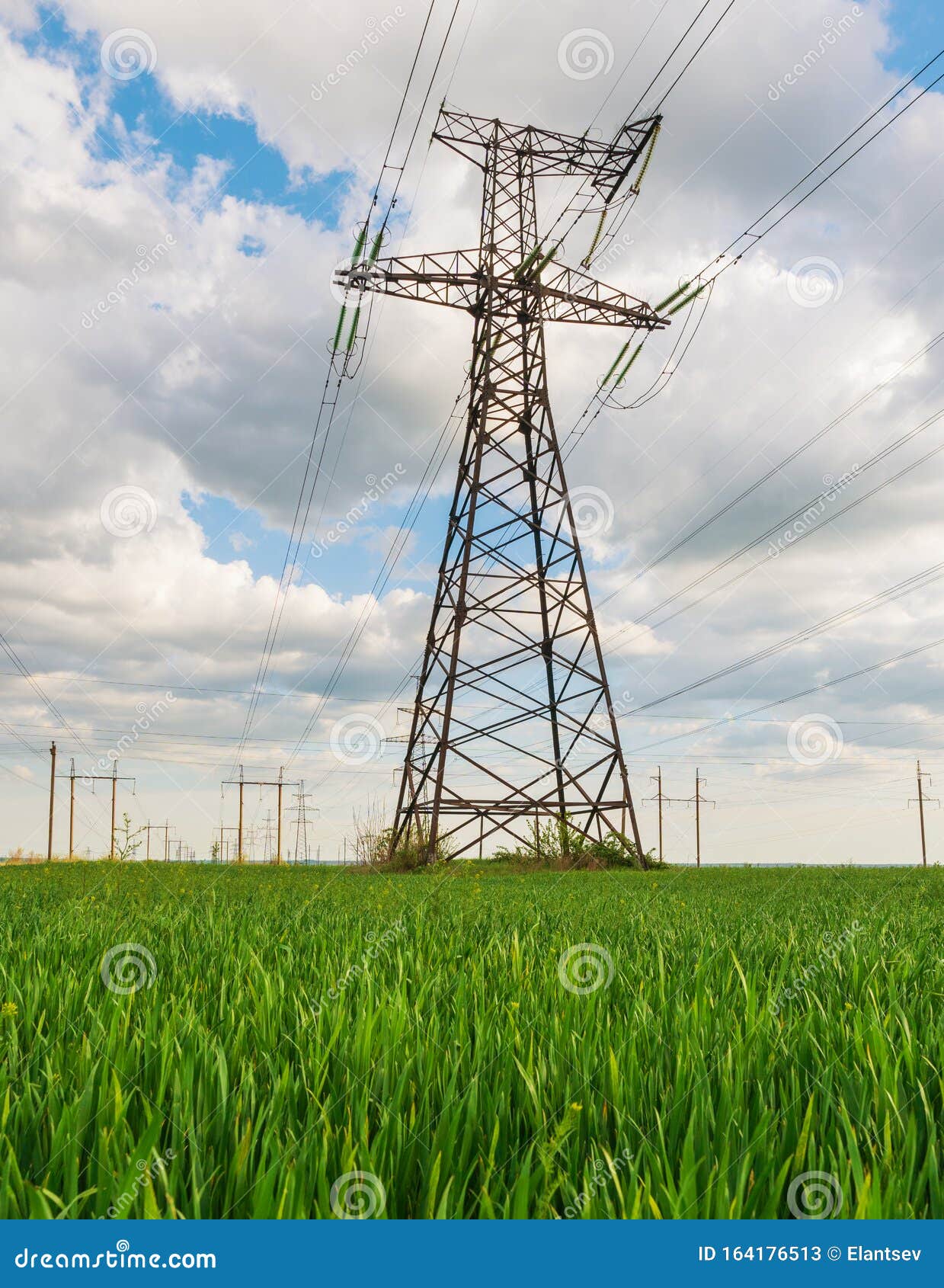 Electrical Net of Poles on a Panorama of Blue Sky and Green Meadow ...