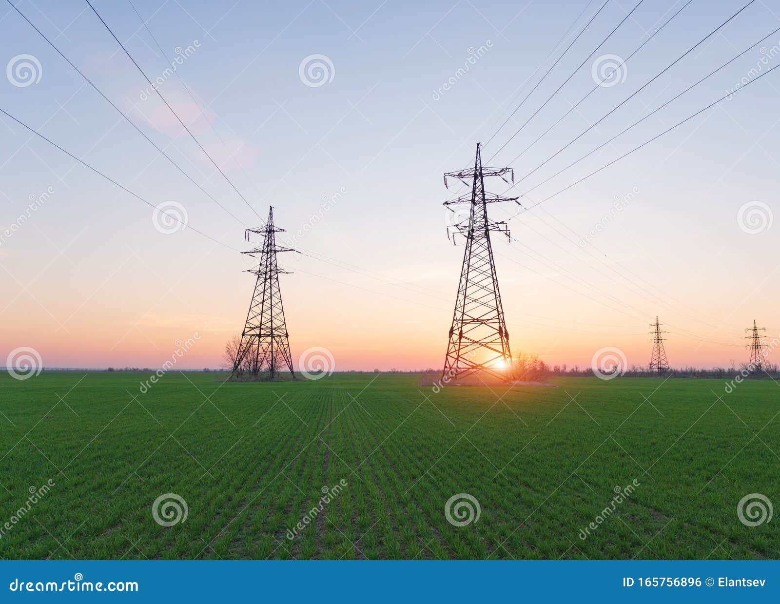Electrical Net of Poles on a Panorama of Blue Sky and Green Meadow ...