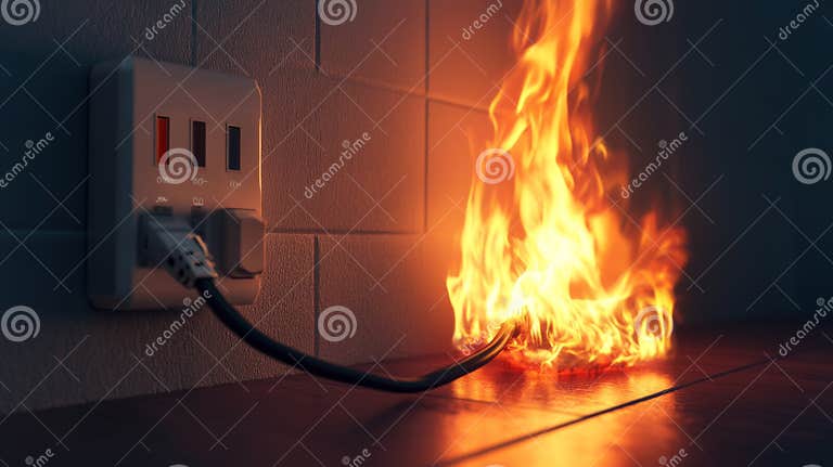 Electrical Outlet on Fire with a Burning Cable Stock Photo - Image of ...