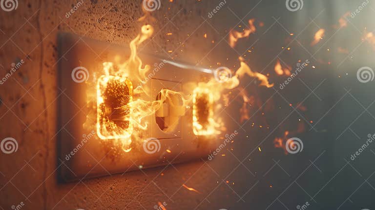 Electrical outlet on fire. stock photo. Image of fire - 354021854