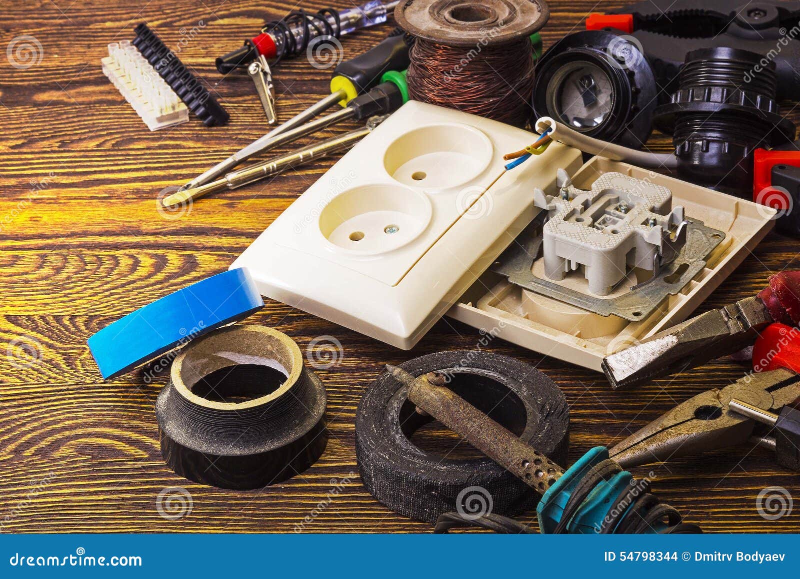 Electrical Outlet and Tools on the Table Stock Photo - Image of ...